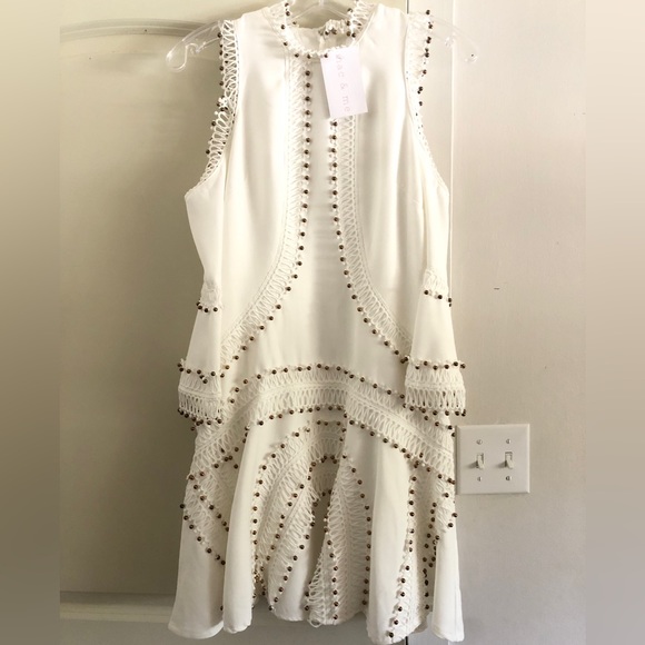 Dresses | Latistie By Amy White Gold Beaded Cold Shoulder Dress Mock ...